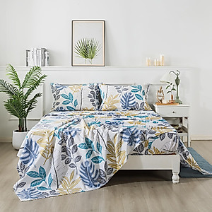 Lemfux Twin Sheet Sets 4Pcs,100% Cotton Palm Leaf Print Plant Luxury White Bed Sheet Sets, Deep Pocket Fitted Sheet Set, Ultra Soft Flat Sheet Set for All-Season Bed Sheets Twin