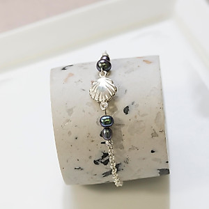 Black Pearl Bracelet for Women with Oyster Charm in 925 Sterling Silver - June Birthstone,Handmade Birthstone Bracelet for Women, Black Pearl Beads - Jewelry Gift for Her