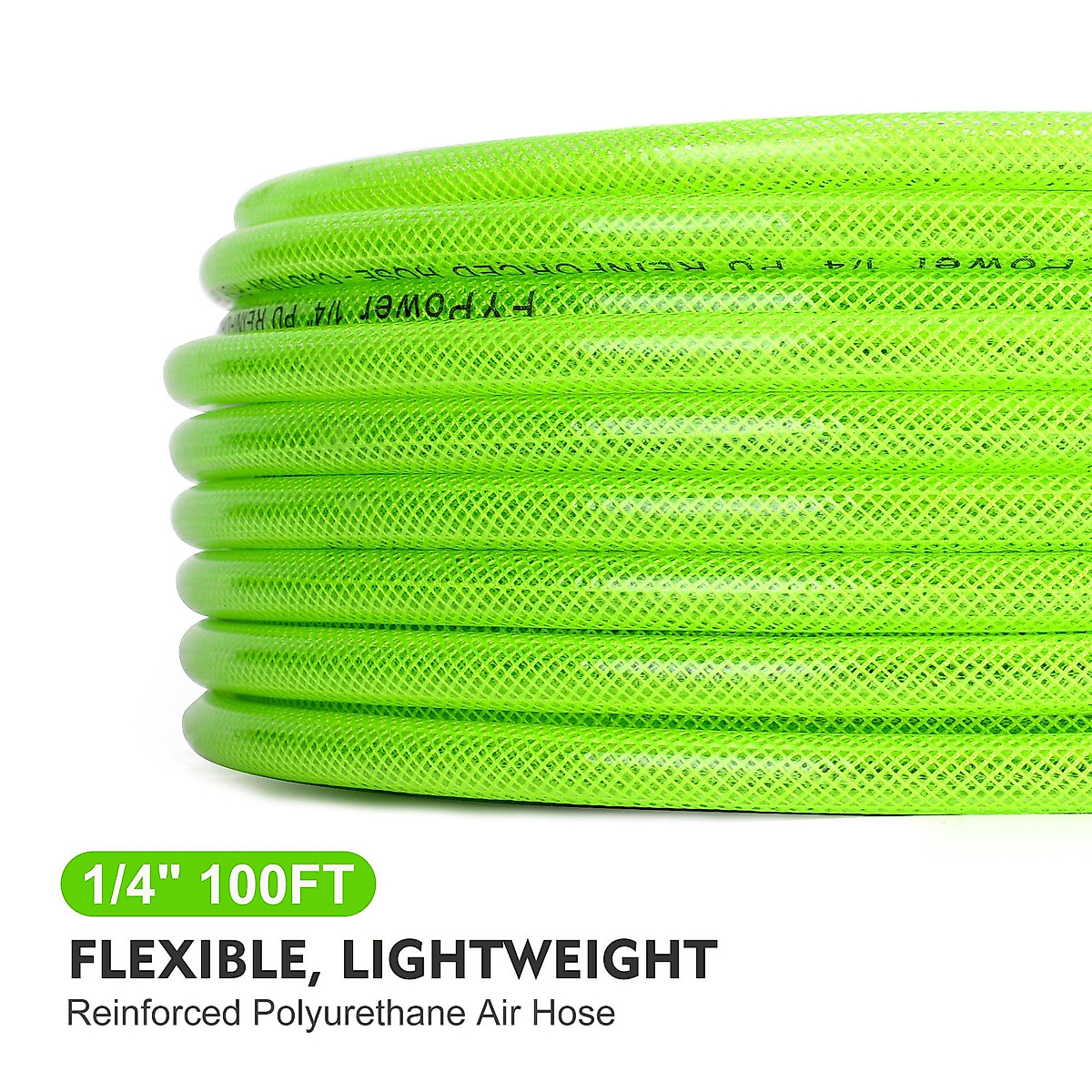 FYPower Air Compressor Hose 1/4 Inch x 100 Feet Reinforced Polyurethane (PU) Air Hose with Fittings, Bend Restrictors, 1/4" Industrial Quick Coupler and Plug Kit, Green