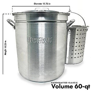 Bayou Classic 4060 60-qt Aluminum Stockpot w/Basket Features Domed Vented Lid Heavy Riveted Handles Perforated Aluminum Basket Perfect For Boiling Steaming and Canning