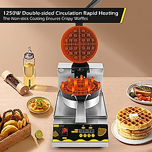 Dyna-Living Belgian Waffle Maker Commercial Intelligent Round Waffle Maker Rotating 180° Nonstick Flip Waffle Iron Machine Professional Commercial Waffle Maker for Restaurant 110V 1250W