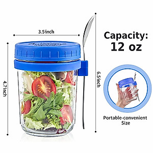 TOFLEN 2 Pack Overnight Oats Containers with Lids and Spoons, 12 oz Glass Mason Overnight Oats Jars Wide Mouth Airtight Oatmeal Container for Yogurt, Cereal and Fruits (Red+Blue)