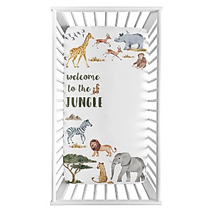 Sweet Jojo Designs Jungle Animals Boy Girl Fitted Crib Sheet Baby Toddler Nursery Photo Op Hunter Green Yellow Grey Orange Black White Gray Wildlife Safari Animal Elephant Giraffe Lion Monkey Leopard