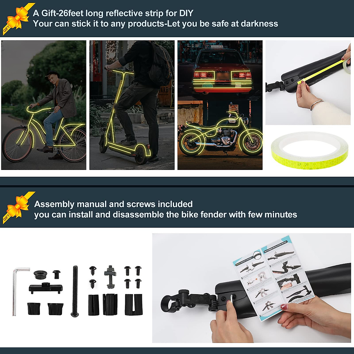 Bike Fender Set with 26ft DIY Reflective Tape, Adjustable Bicycle Fenders for 22"/24"/26"/27.5", 3 Parts-Universal Full Cover Thicken Widen, Front/Rear Mud Guards Fit for MTB Mountain Road Bike