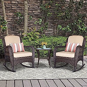JP Outdoor Rattan Rocking Chair Set of 3 with Khaki Soft Cushion and Coffee Table, Patio Backyard Garden Living Room All-Weather Resin Wicker Furniture