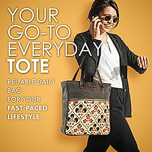 Tote Bags for Women by Sixtease - Large Tote Bag with Zipper Top - Genuine Leather Strap, Upcycled Canvas, Rug, Hair On and Hardware Accents - Vintage Style Hand Stitched - Fossil