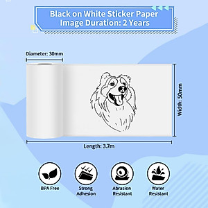 HOTCOLOR T02/M02X White Thermal Paper-10-Year Sticky Compatible With Phomemo/Memoking M02/T02 Mini Printer 50mmx3.7m for Journal Photo Texts Study Notes and More, 3 Rolls