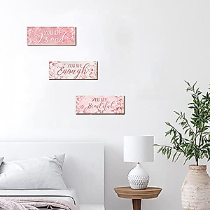 Pink Room Decor, Pink Wall Decor for Girls Bedroom, You Are Beautiful You Are Enough You Are Loved Sign, Positive Quotes Inspirational Wall Signs for Women, Wooden Hanging Wall Plaques