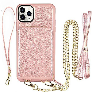 JLFCH Compatible with iPhone 12 Pro Max, Crossbody Wallet Case for iPhone 12 Pro Max, Zipper Credit Card Holder Wrist Strap Lanyard Purse for Apple iPhone 12 Pro Max (2020), 6.7 inch- Rose Gold