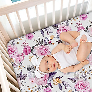 Floral Crib Sheets for Baby Girls 2 Pack, Fits Standard Nursery Crib Mattress & Toddler Bed Mattress 28x 52, Soft Stretchy Snug Neutral Baby Crib Fitted Sheets