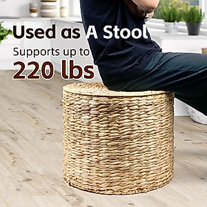 KOL Nesting Multipurpose Handwoven Storage Basket (Set of 2), Round Rattan Natural Stool/Side Table, Handwoven Organizer with Removable Lid, Dia 17"x14" H. & Dia 15"x12" H.