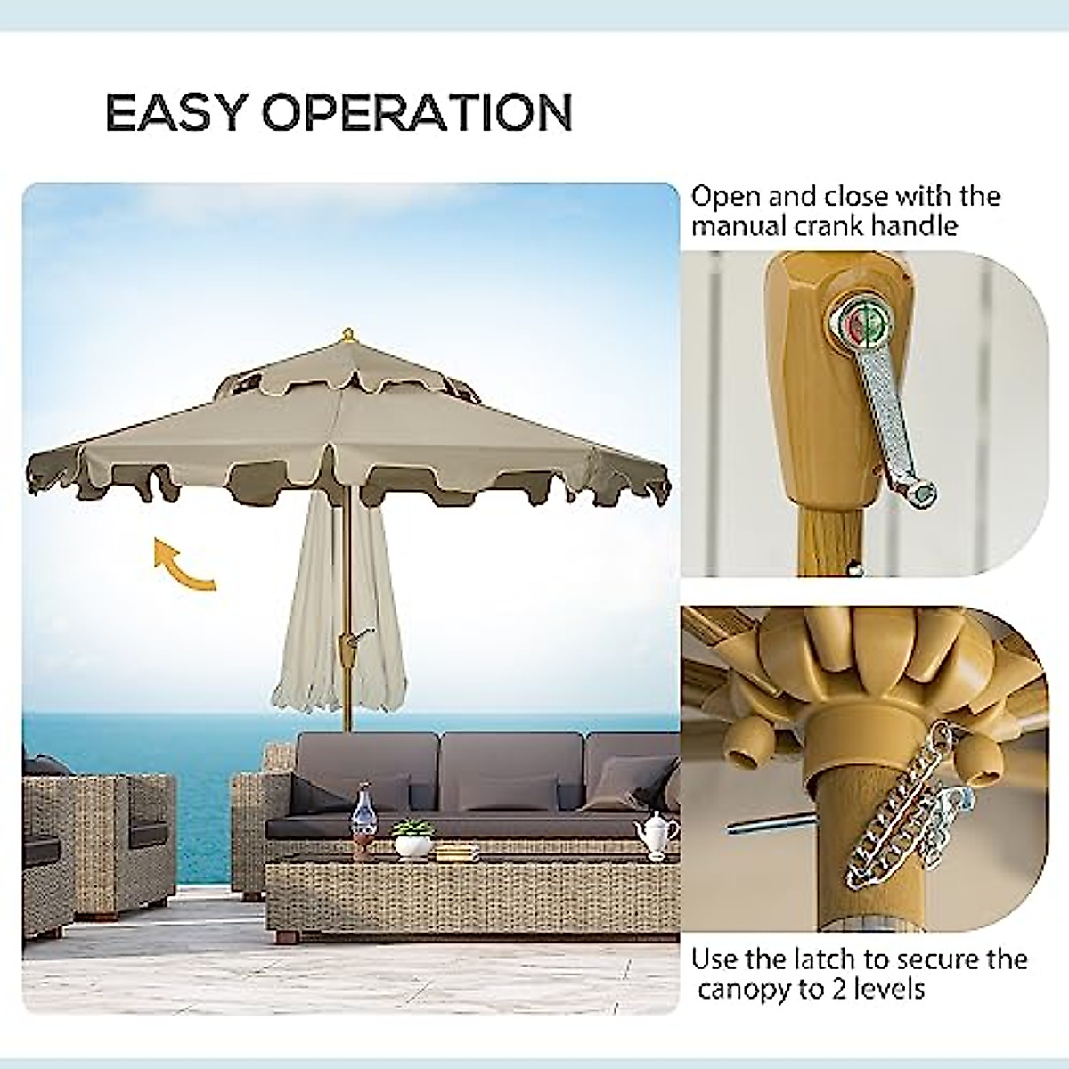 Outsunny 9' Patio Umbrella with Push Button Tilt and Crank, Double Top Ruffled Outdoor Market Table Umbrella with 8 Ribs, for Garden, Deck, Pool, Brown