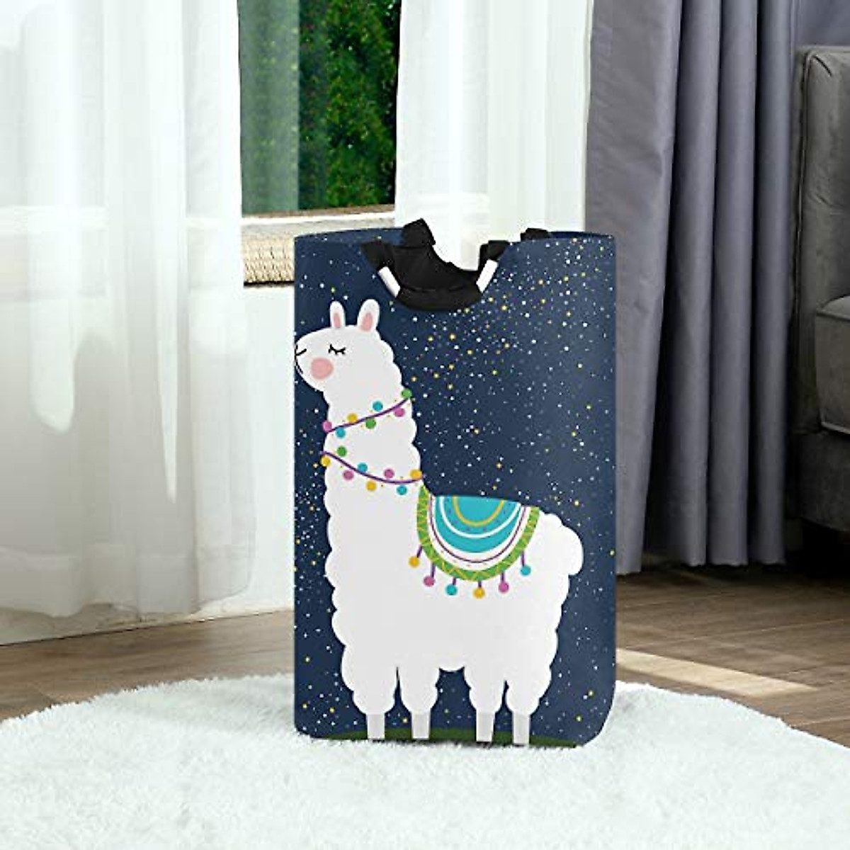 CaTaKu Starry Night Alpaca Laundry Hamper，Cute Llama Laundry Basket Box Big Storage Waterproof Easy Carry for Family Dormitory Laundry Room, 12.6 x 11 x 22.7 Inches