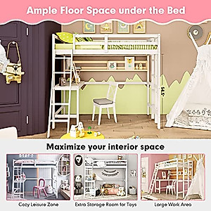 KOMFOTT Twin Loft Bed with Desk, Solid Wood Loft Bed Frame with 2 Ladders, Safety Guardrail for Teenagers and Adults, Space-Saving Loft Bed with Wooden Slats Support, No Box Spring Needed (White)