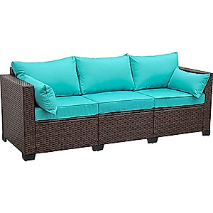 3-Seat Patio PE Rattan Wicker Couch, Outdoor Rattan Sofa Furniture Steel Frame with Furniture Cover and Deep Seat High Back, Turquoise Anti-Slip Cushion Furniture Cover