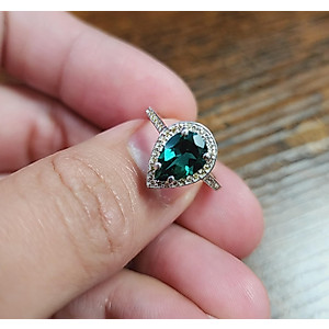 Galaxy Gold GG Stunning 1.69 Carat Total Weight 14K Solid White Gold Emerald and Natural Diamond Halo Ring Brilliant Pear Cut Tear Drop Shape Round Diamonds (6)