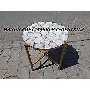 18" Inch Round Natural White Agate Coffee Table with Gold or Silver Foil coated borders with Metal Base, Agate Table, Stone Coffee Table, Agate Table Top, Agate Round Coffee Table