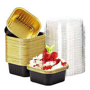 EUSOAR Cupcake Liners with lids, 5oz 50pcs Square Disposable Desserts Flan, Baking Cups with Lids, Aluminum Foil Cupcake Flan, Muffin Liners, Custard Cake Cups, Catering Gathering Favor-Black Gold