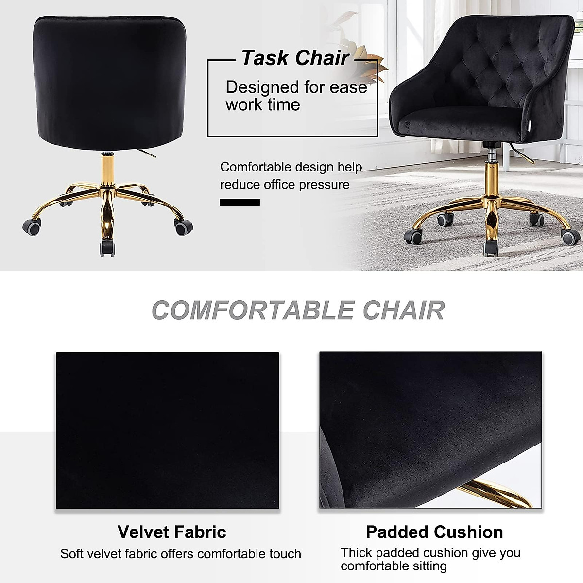Kootlena Modern Black Velvet Desk Chair, Home Office Desk Chair Computer Chair on Wheels, Cute Vanity Chair for Womens Girls, Upholstered Swivel Task Chair w/Gold Base for Living Room Bedroom