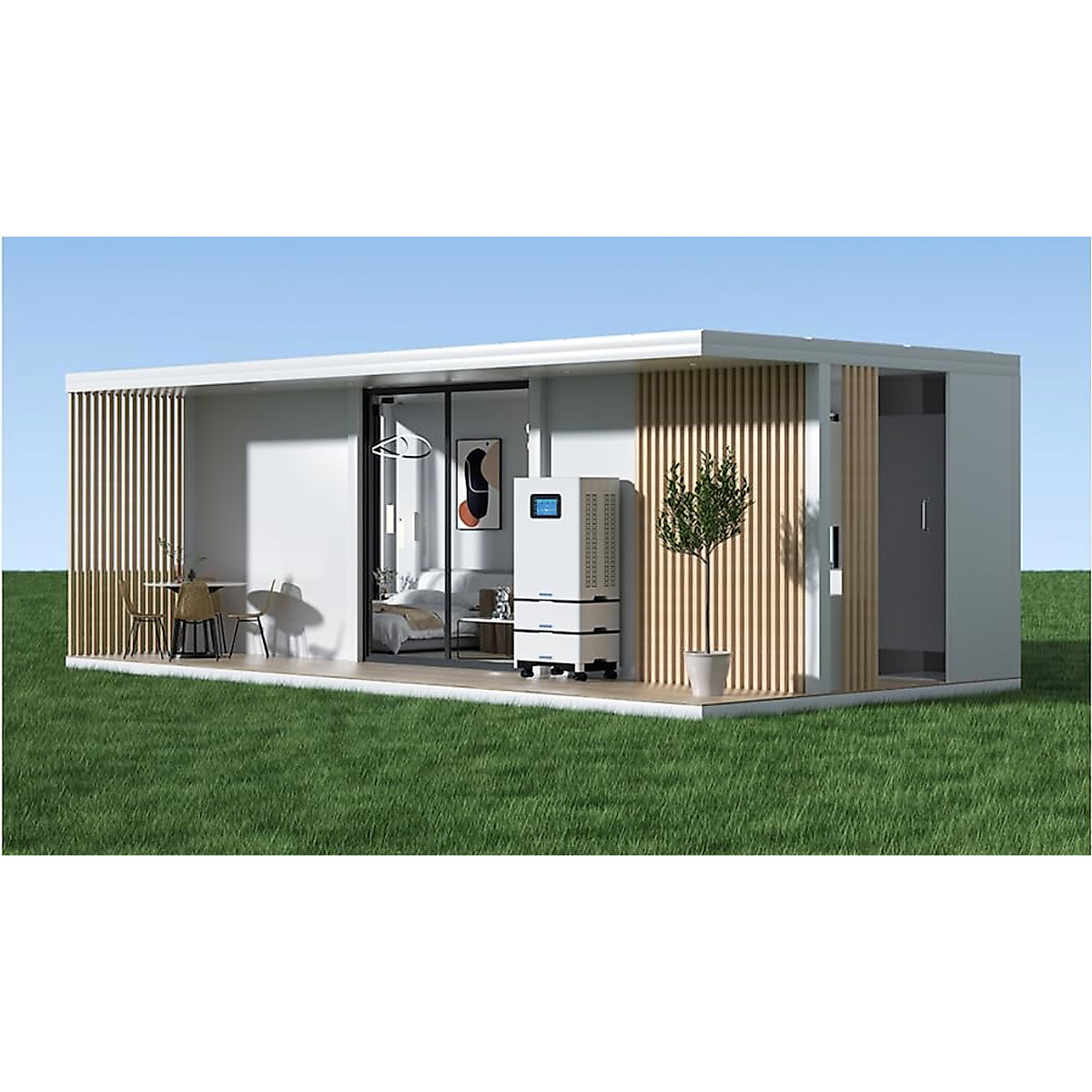 Generic Smart Portable Prefabricated Capsule Compact House Home with Deck with Balcony Spacious Bedroom.Smart Door Entry, Smart washroom Sunroof Solar Option, white