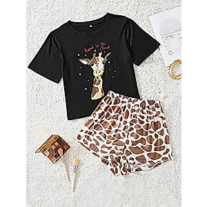 DIDK Women's Cartoon Graphic Print Tee and Shorts Two Pieces PJ Pajama Set Giraffe Black XS