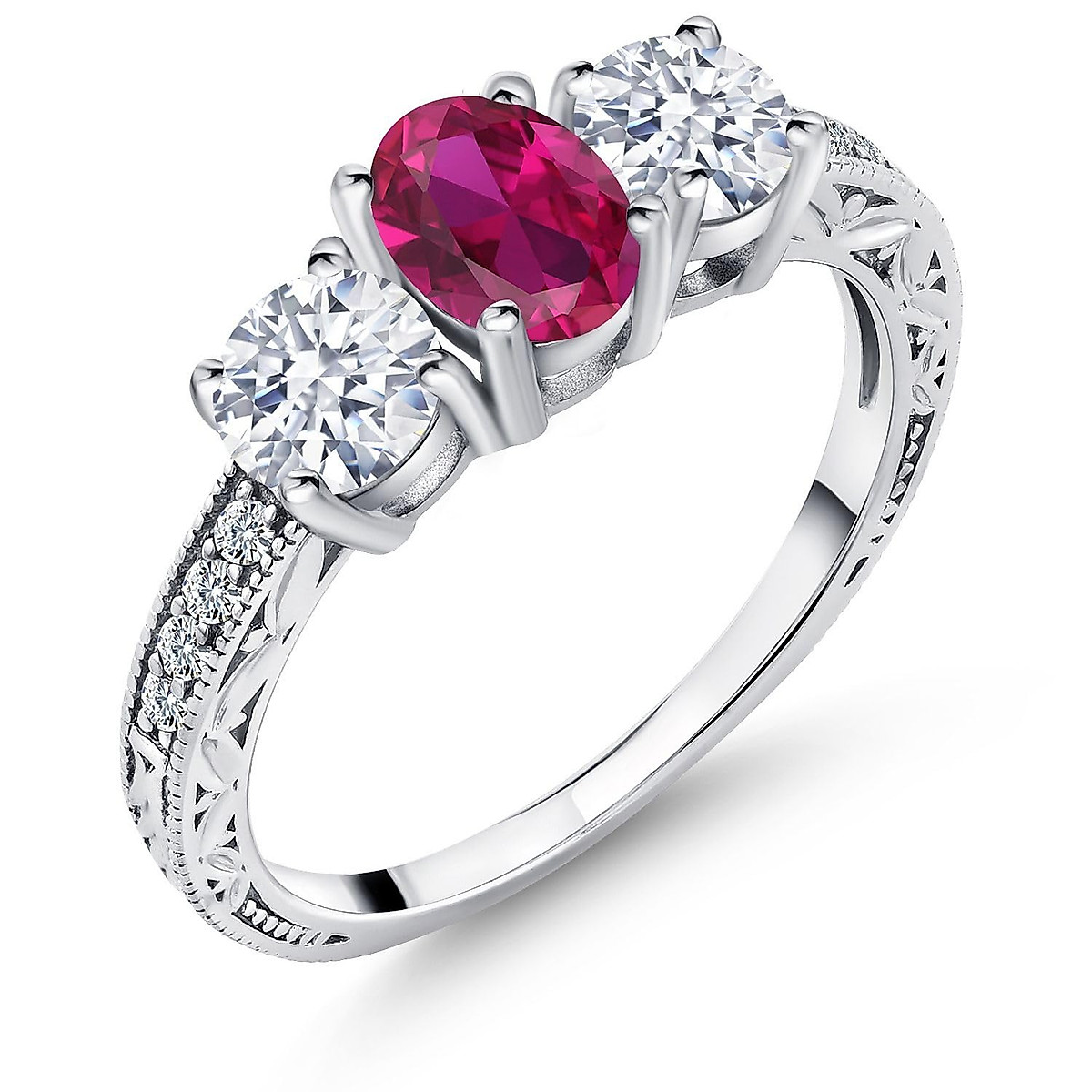 Gem Stone King 2.52 Cttw 925 Sterling Silver Red Created Ruby 3-Stone Engagement Ring | Oval 7X5MM & Round 5MM | 3 Stone Wedding Anniversary Promise Ring For Women (Size 7)