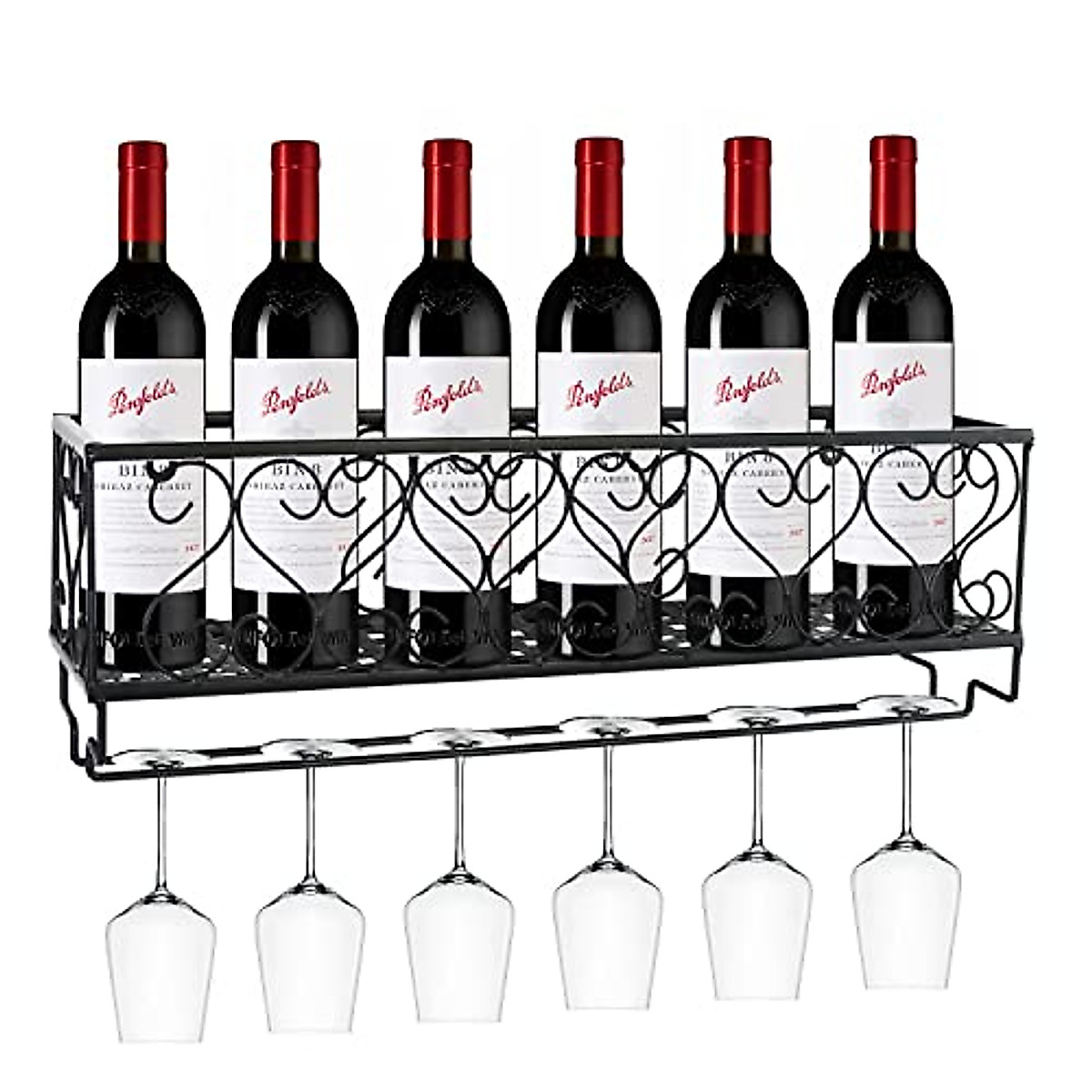 Wine Rack Wall Mounted with Wine Glass Holder - Metal Hanging Wine Rack with Wine Aerator Pourer, Wall Wine Rack for Wine Storage, Black Wine Rack for Kitchen Bar Shelves, Holds 6 Bottles & 5 Glasses