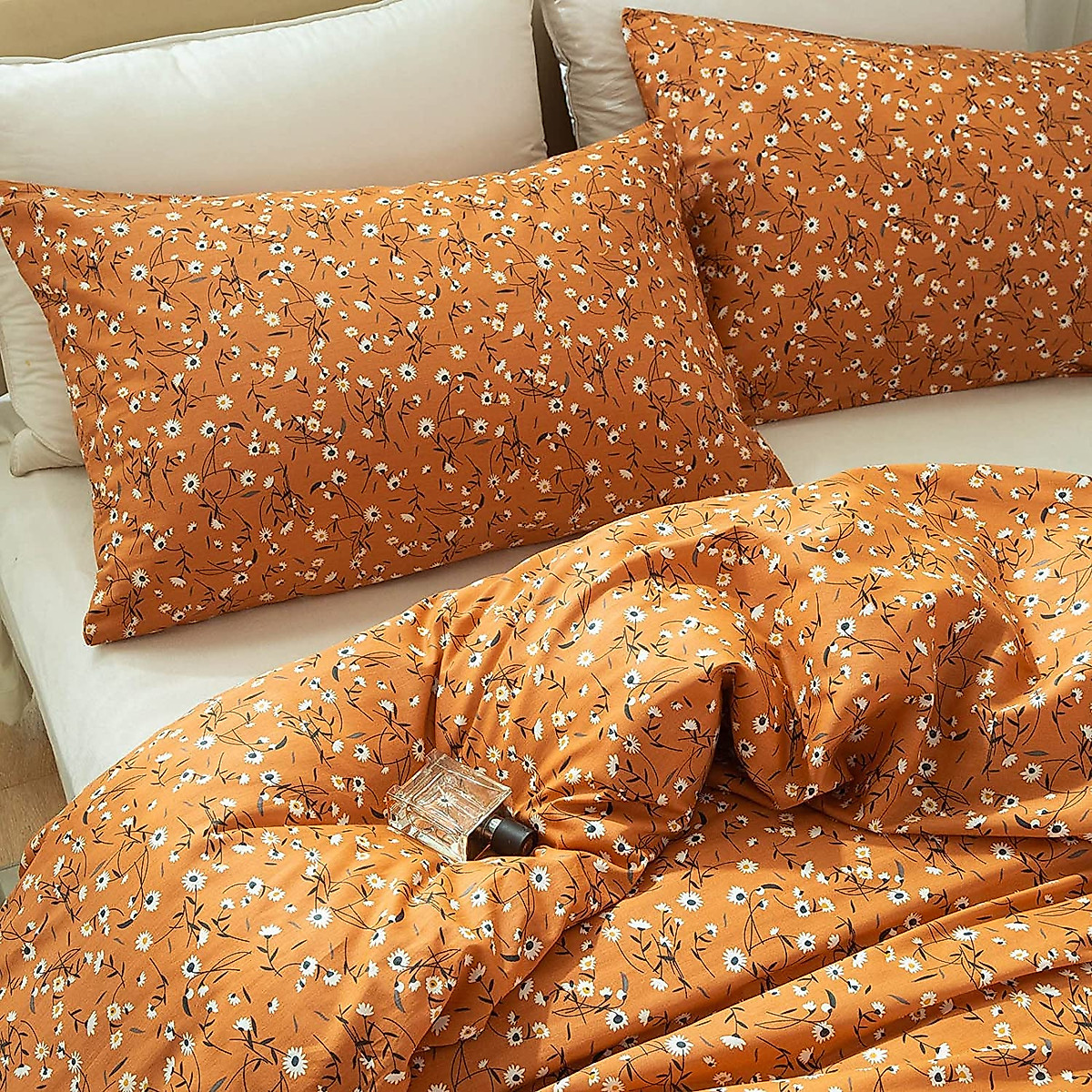 LifeTB Garden Style Orange Floral Duvet Cover King Boho Flower Botanical Bedding Sets Burnt Orange Pumpkin Color Comforter Cover 100% Cotton Floral Bedding Sets 1 King Duvet Cover with 2 Pillowcases