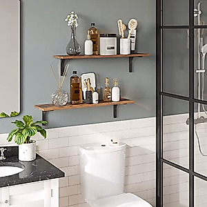 DINZI LVJ Long Wall Shelves, 31.5 Inch Wall Mounted Shelves Set of 2, Easy-to-Install, Wall Storage Ledges with Sturdy Metal Brackets for Living Room, Bathroom, Bedroom, Kitchen, Rustic Brown