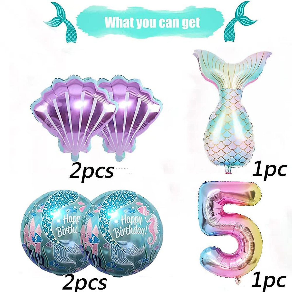 Mermaid Birthday Decoration Mermaid Balloons Kit Sea Balloon Mermaid Foil Balloon Mermaid Tail Balloons for Girls Mermaid Party (Number 5)