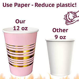 DiggHous KSG Elegant Light Pink and Gold Striped Paper Party Cups 12 oz - Pack of 50 Disposable Cups - Perfect for Bachelorette Baby Shower Birthdays - Hot and Cold Beverages