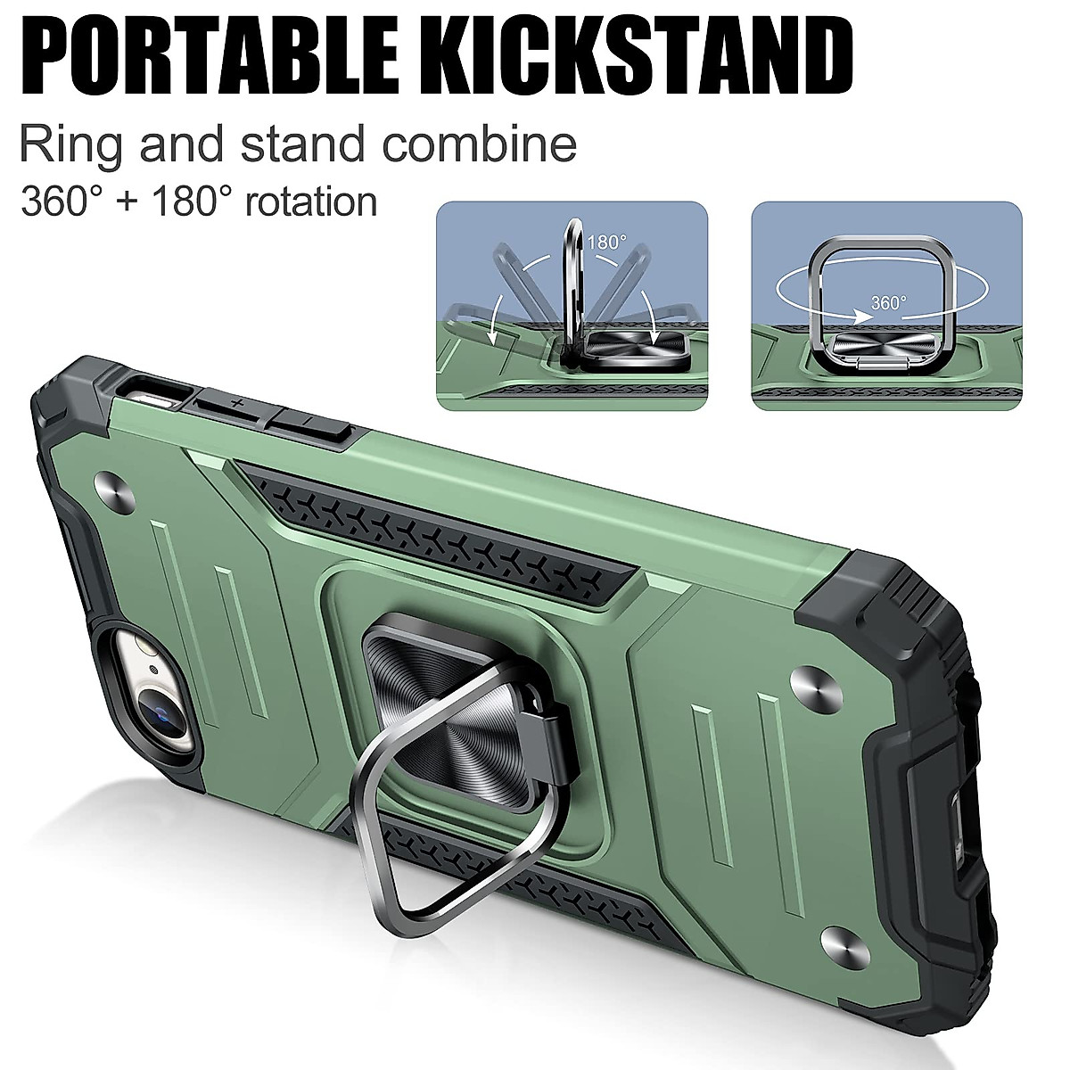 JAME Case for iPhone SE 2022/2020 Case with Tempered-Glass Screen Protector 2Pcs, for iPhone 8 Case, for iPhone 7 Case, for iPhone 6s Case, Military-Grade Protection, with Ring Kickstand, Alpine-Green