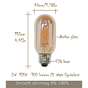 CTKcom T45 E26 Amber Antique LED Edison Light Bulb,T14 LED Tubular Vintage Antique Dimmable led Bulb,2 Watt 120V 2200K Warm White 120 lumens 25 Watt Equivalent,4 Pack