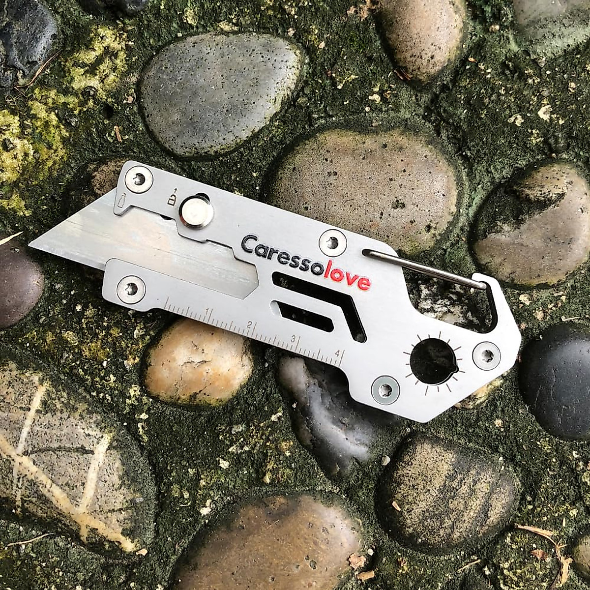 Caressolove 6-in-1 Razor Blades Utility Knife, Retractable Box Cutter, Multitool Knife with Bottle Opener, Hex Wrench, Rule, Water Compass, Cardboard Cutter Small Pocket Knife, 10 Extra Blades