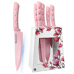 Kitchen Knife Set, 6 Pieces Pink Stainless Steel Sharp Cooking Knife Set with Acrylic Stand, Non-stick Coating Pink Flower Block Knife Set with Gift Box for Women Girls (Pink)