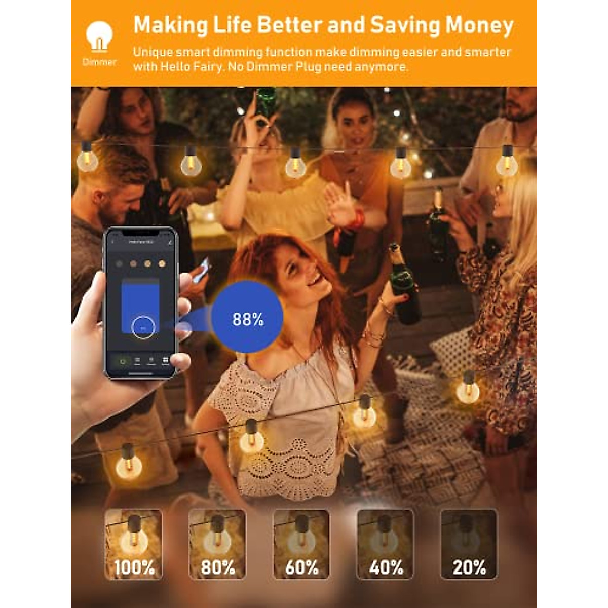 Outdoor String Lights with Dimmer - 50Ft Led Patio Lights App Control 3 Modes Waterproof Connectable Hanging Light with Timer Function 25 Plastic G40 Globe Bulb for Backyard Porch Balcony Party Decor