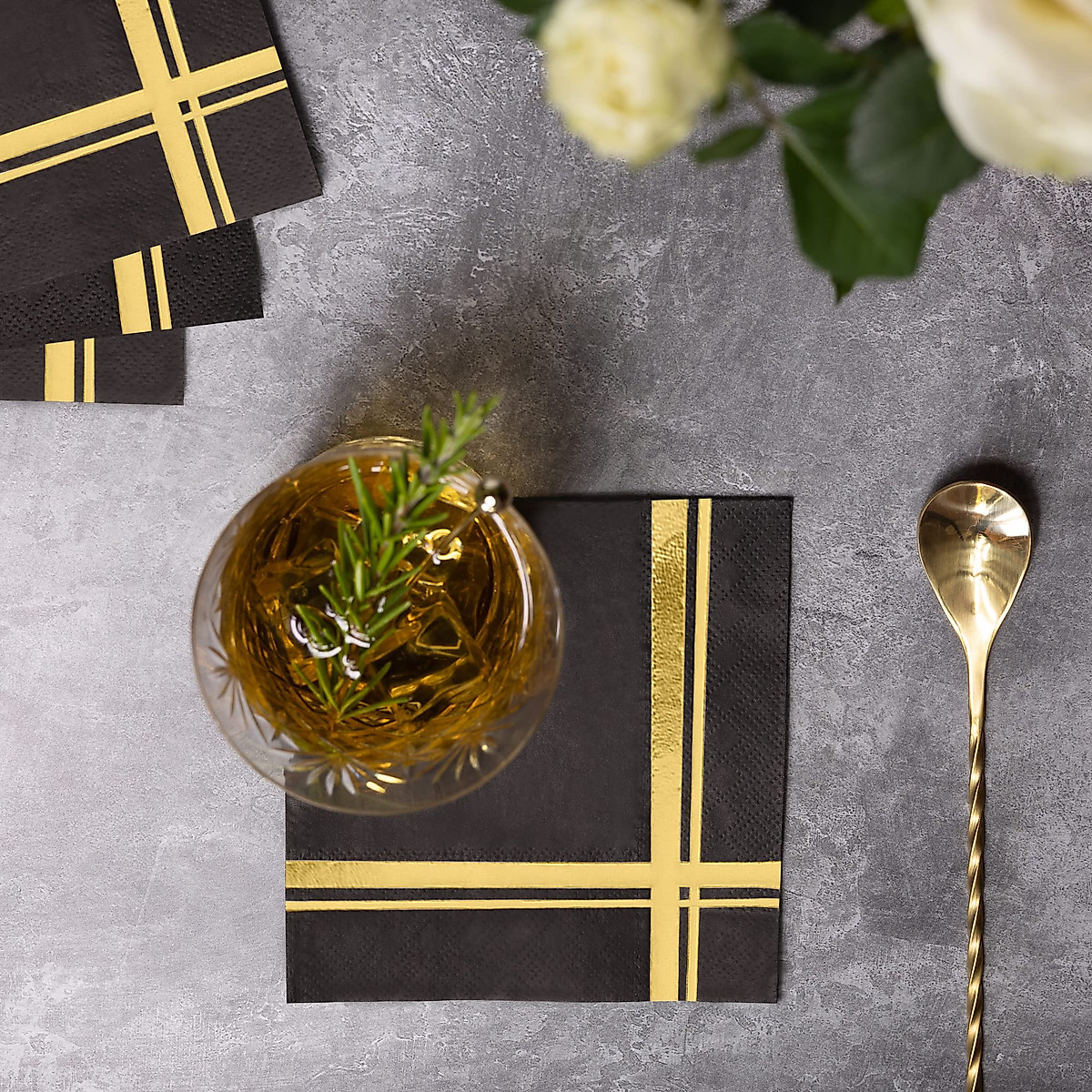 Fanxyware Gold on Black Cocktail Napkins - 100 Pack, 5" x 5", 3-Ply Paper - Style Name: Blissful Crossing