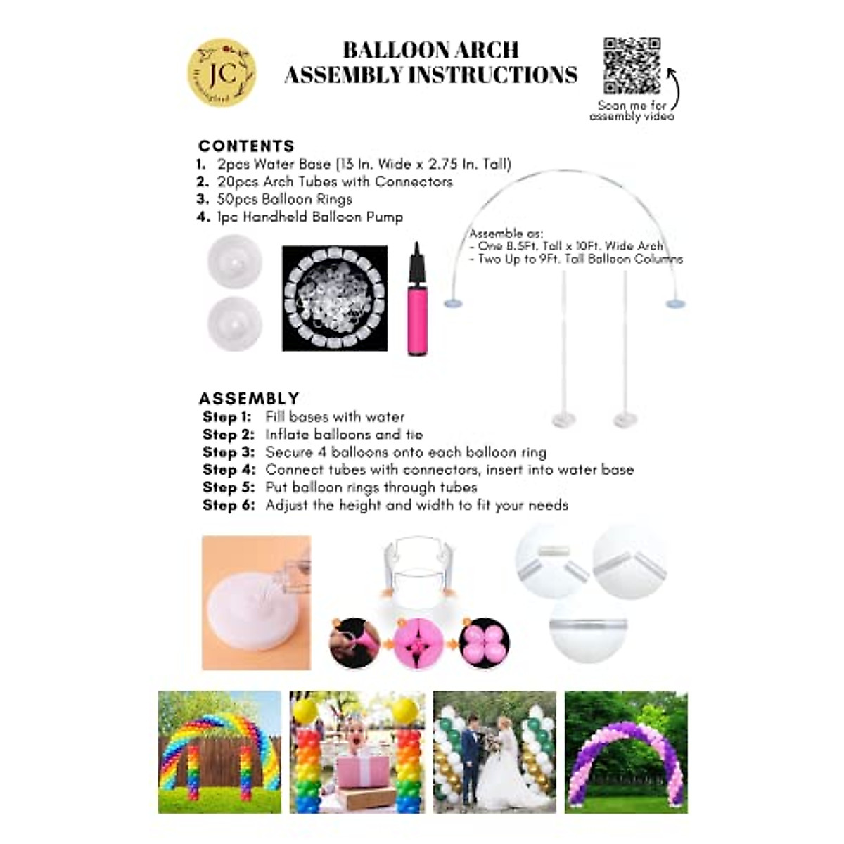 JCHB Balloon Large Arch Set: 10FT Wide & 8.5FT Tall or Two 9FT Tall Balloon Columns for Indoor Outdoor Party