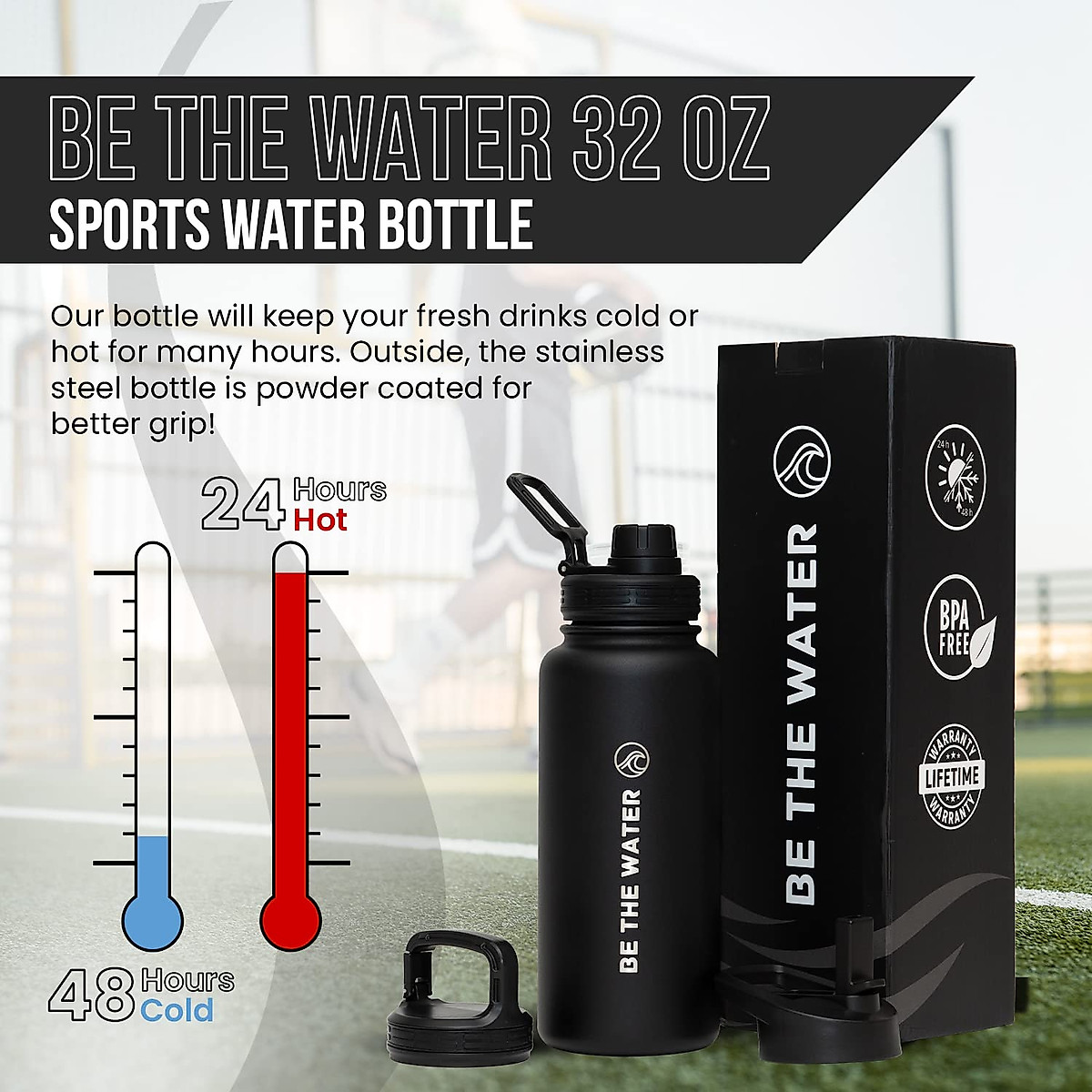 BE THE WATER 32 oz Sports Water Bottle with a Pouch 3 Lids 2 Straws - Keeps Hot and Cold Water, Leak Proof, Double Walled Vacuum Insulated Stainless Steel, Metal Water Bottles