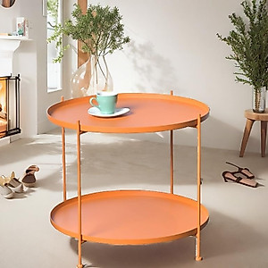 2-Tier Sleek Accent Side/End Table, Circular Top Modern Minimalist Orange Metal Furniture for Living Room, Bedroom - Sofa Table - Nightstand Bedside Table for Small Spaces, Indoor & Outdoor, 23.6" Dia