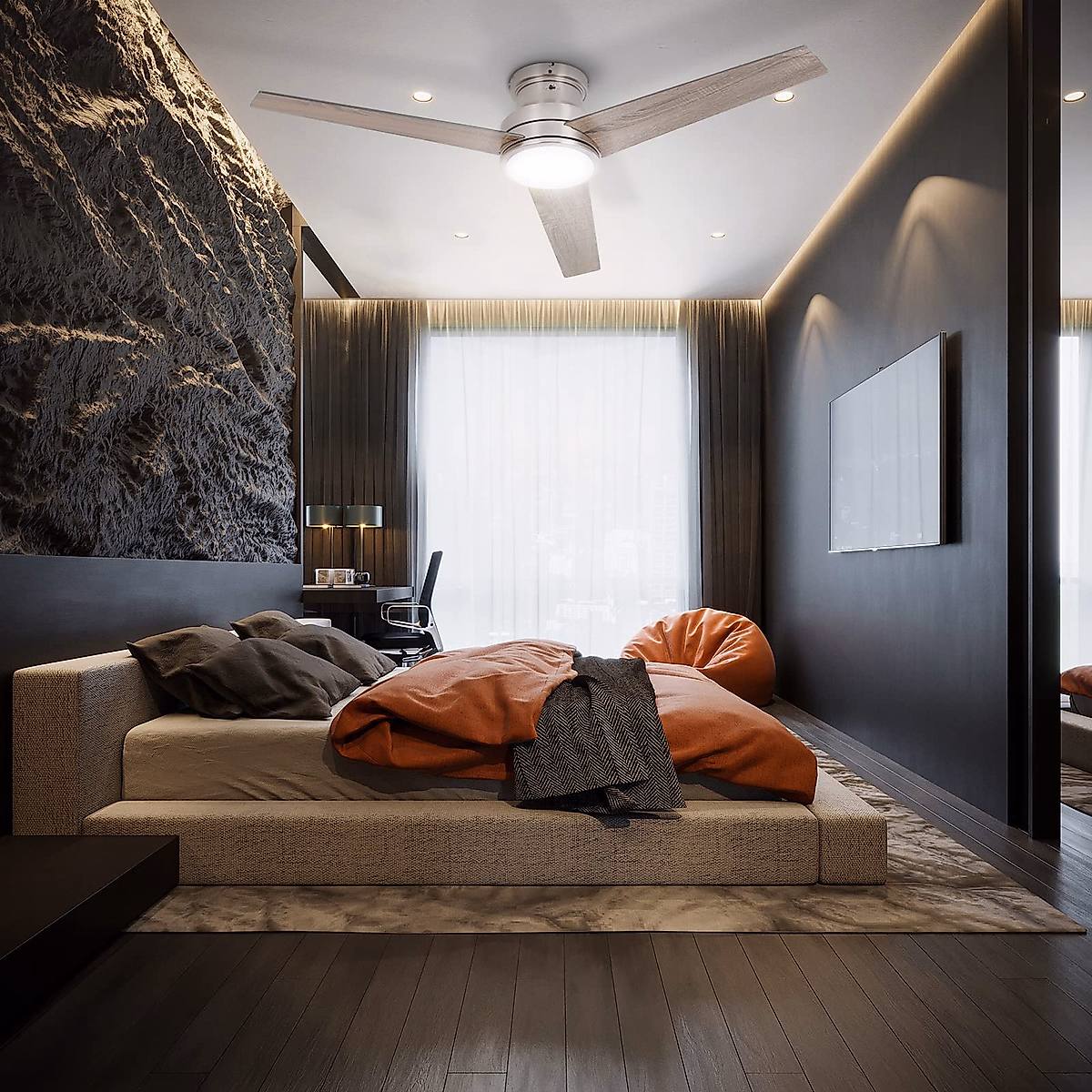 hykolity 52 inch Flush Mount Ceiling Fan with LED Lights(3000K/4000K/5000K) Remote Control, Noiseless Reversible Motor, Low Profile Ceiling Fan, 3 Speed, ETL, DOE, CEC Listed, Brushed Nickel