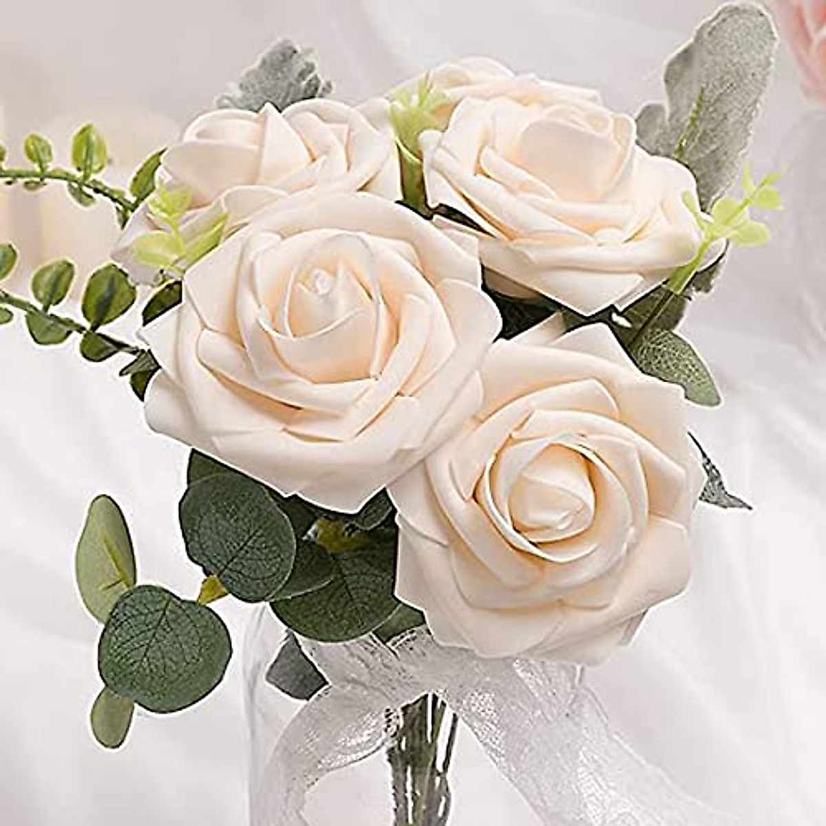 Higfra Artificial Flowers 25pcs Real Looking Fake Roses with Stems for DIY Wedding Bouquets Baby Shower (Champagne)