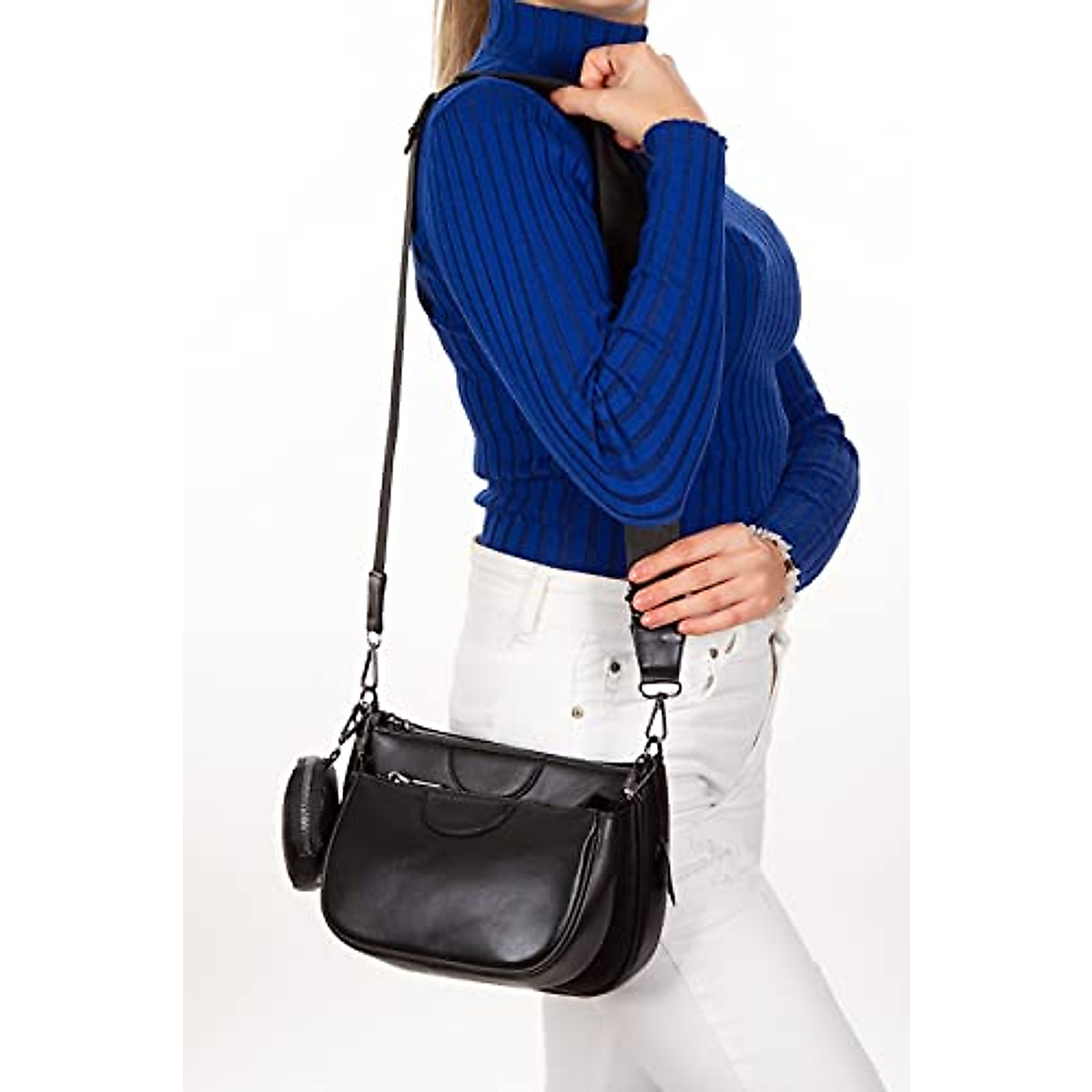 Women's Genuine Leather Hand Wallet and Shoulder Bag | Crossbody Bag for Women | 3 Pieces Tote Bag | Satchel Purse Set (Black)