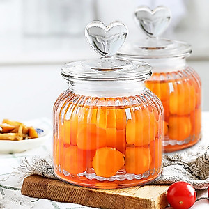 HomeyHoney 22 oz Clear Glass Canister with Cute Heart shaped Lids Set, Food Storage Glass Jars with Airtight Lids for Kitchen and Dining Room, Stripe/Set of 2