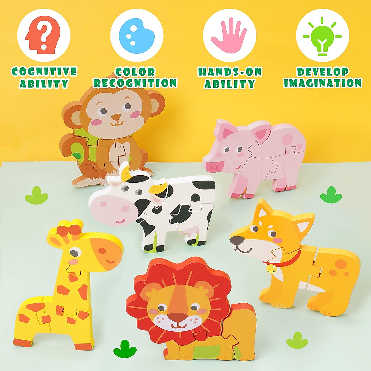 NiToy Wooden Animal Jigsaw Puzzles for Kids, Montessori Educational Building Block Toys Vivid Color Shapes for 36 Month+ Preschool STEM Early Learning Games Gift for Boys and Girls Age 3+ (6 Animals)
