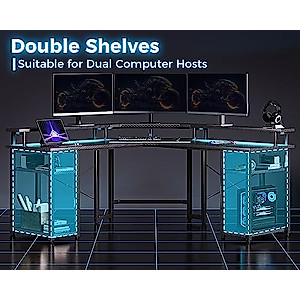 Coleshome L Shaped Gaming Desk with LED Lights & Power Outlets, Reversible 56" Computer Desk with Full Monitor Stand & Storage Shelves, Ergonomic Home Office Corner Desk, Black Carbon Fiber