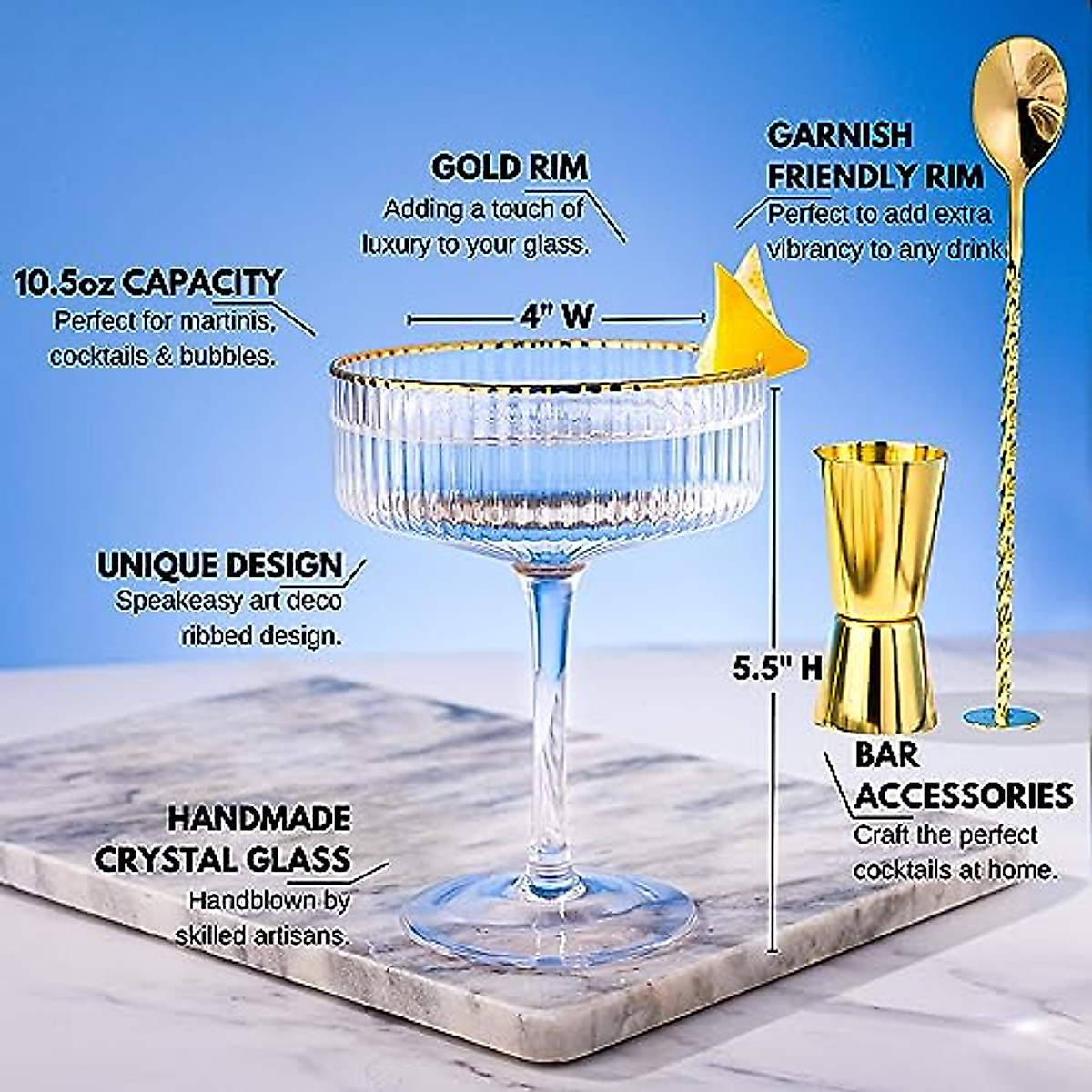 Vemacity Ribbed Coupe Glasses Set of 4 with Gold Rims, Bar Spoon & Jigger | 10oz Coupe Cocktail Glass | Vintage Champagne Coup Glasses | Ribbed Glassware | Ideal Martini Glasses | Recipe e-Book (PDF)