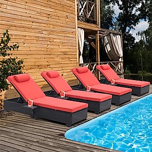 SoarFlash Wicker Chaise Lounge Set of 4, Outdoor Patio Lounge Recliner Chair with Adjustable Backrest,Side Shelf for Garden Yard Poolside,Red