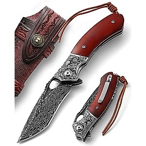 Damascus Pocket Knife for Men, AUGENWEIDE Damascus Steel Pocket Knife with Clip and Sheath, Handmade Real Damascus Steel Folding Knife, Gifts for Father's Day, Valentine's Day A-(KNIFE WITH A LEATHER SHEATH)