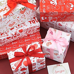 Valentine's Day Gift Wrap Paper,7 Sheets 7 Design Red White Pink Heart Wrapping Paper Set,Funny Love Wrapping Paper With 3-Color Ribbon For Adult Men Women Mothers Fathers Day Birthday Holiday Wedding